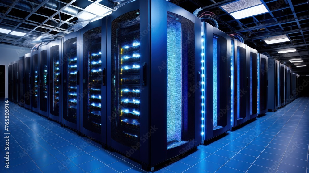 Depict a state of the art data center with rows of server racks ...