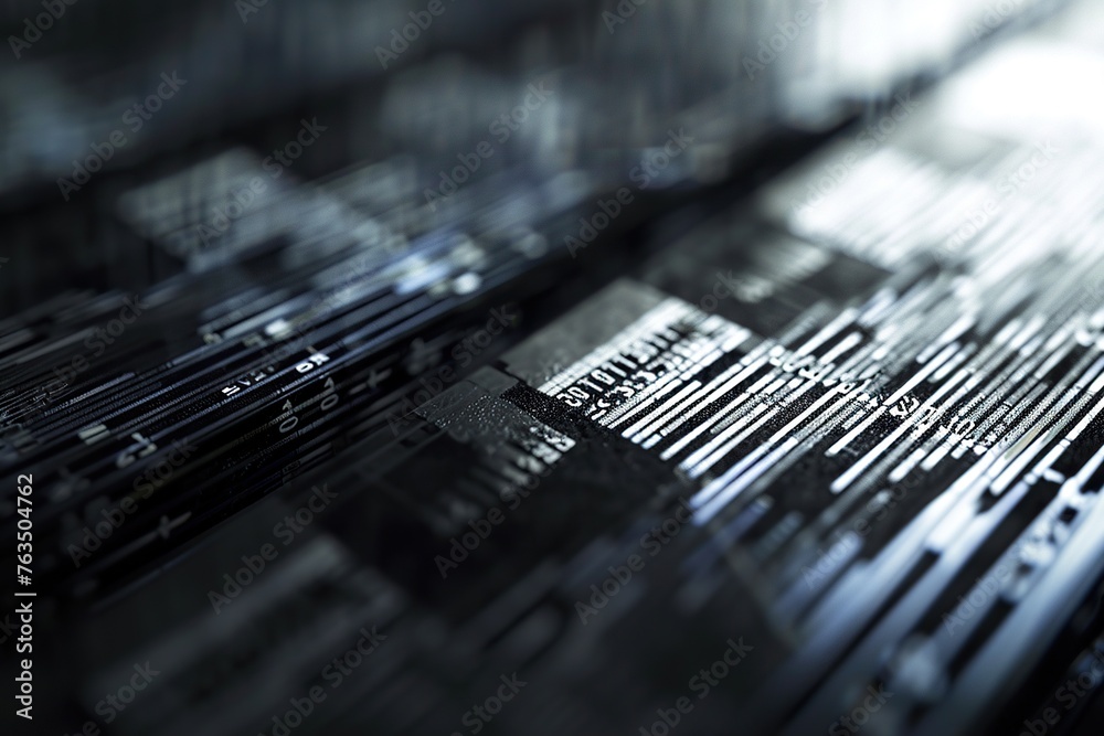 Data storage tag resembling a barcode made of binary code. The barcode ...