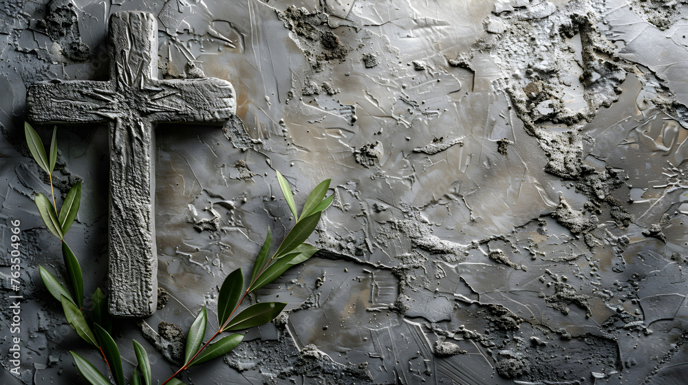 Cross, ashes, and olive leaves on concrete stone background, ash ...