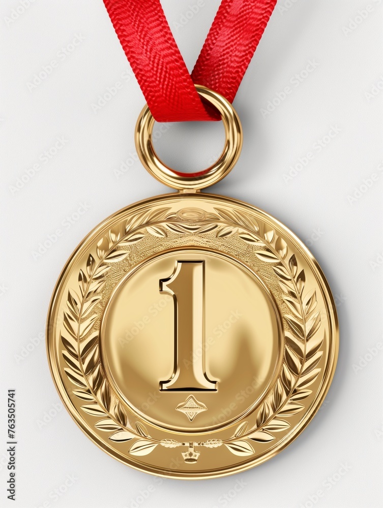 Golden medal with red ribbon, number one winner medal, gold medal with ...