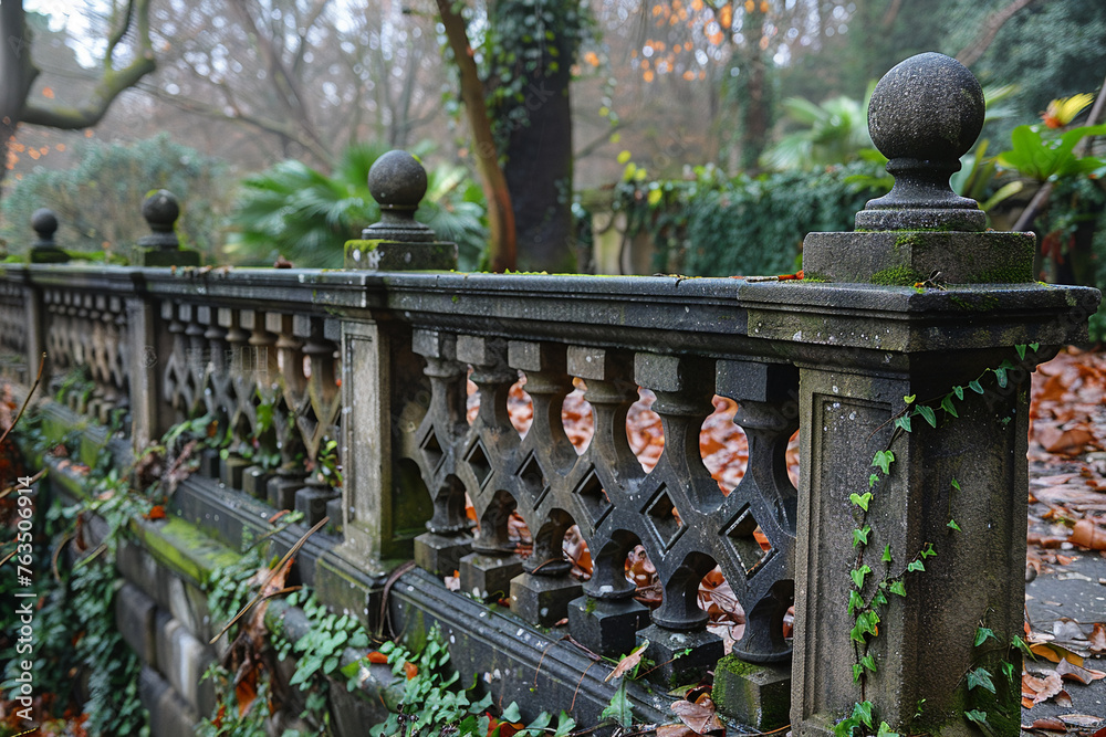 Classic stone balustrade with ivy, overgrown garden appeal. Historical ...