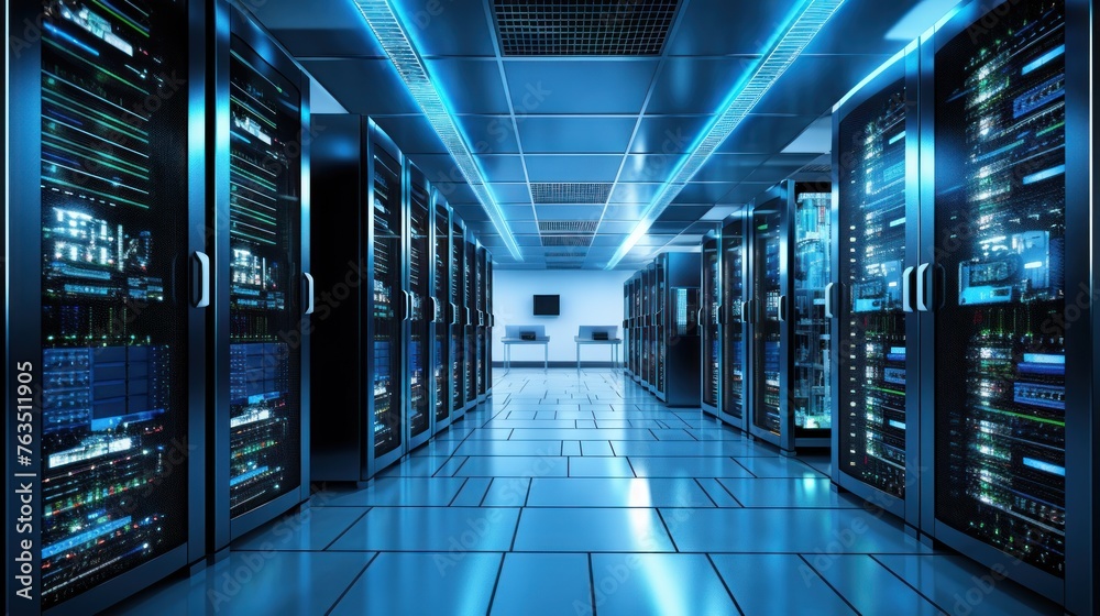 Depict a state of the art data center with rows of server racks ...