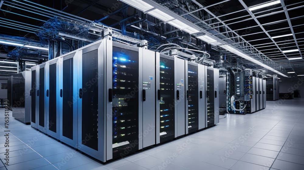 Depict a state of the art data center with rows of server racks ...