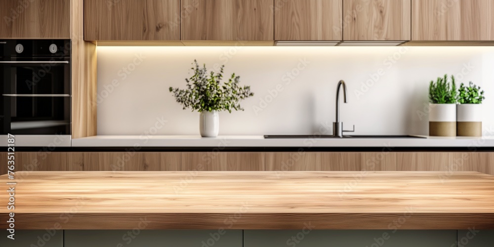Blank empty modern white marble kitchen counter background, wooden ...