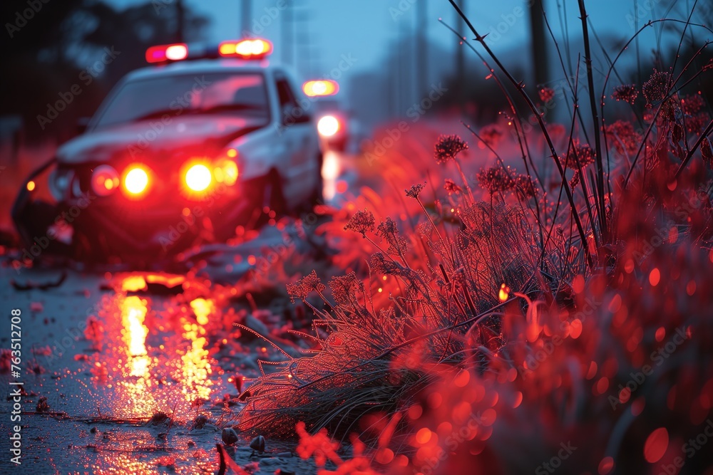 Emergency response at car crash scene at dusk with red and blue lights ...