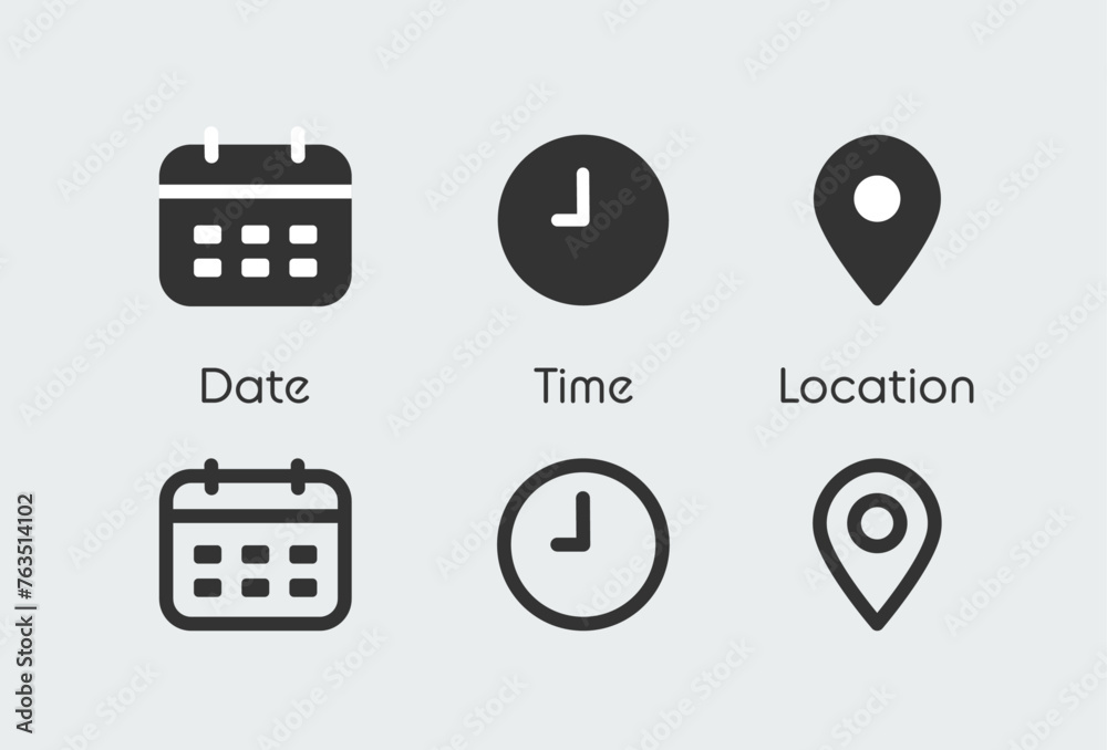 Date, time, location address icon set business sign template. Calendar, clock, locate place ...
