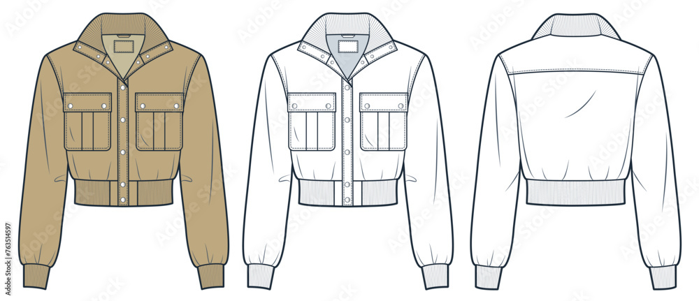 Bomber Jacket fashion flat technical drawing template. Button down ...
