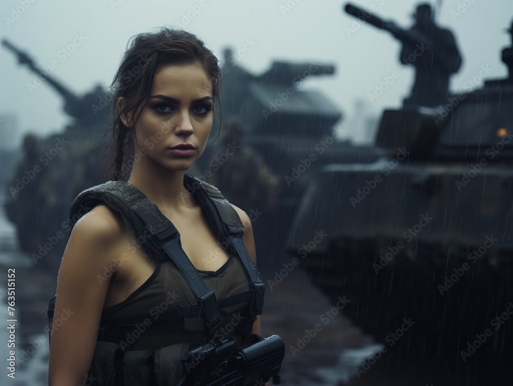 Fierce female soldier in alien landscape, shouting amid intense red ...