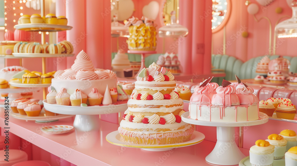 Display filled with a variety of colorful cakes and cupcakes. The ...