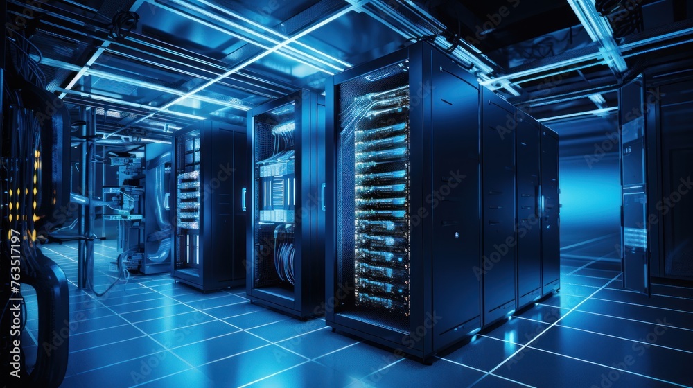 Depict a state of the art data center with rows of server racks ...