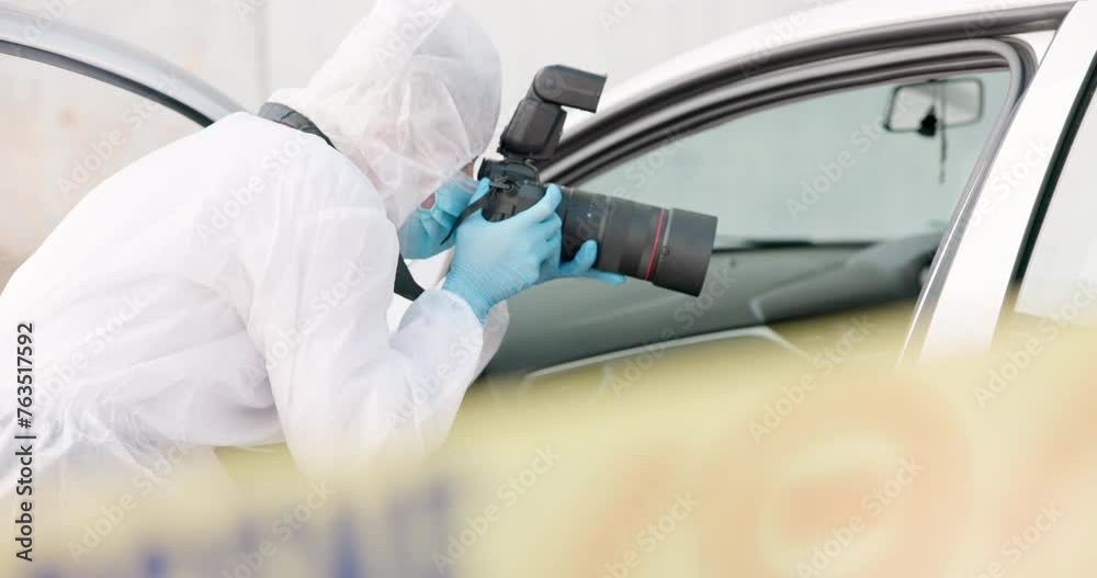 Csi, investigation and photographer for evidence in crime scene car for ...