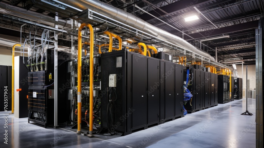 Depict a state of the art data center with rows of server racks, cooling systems, and redundant ...