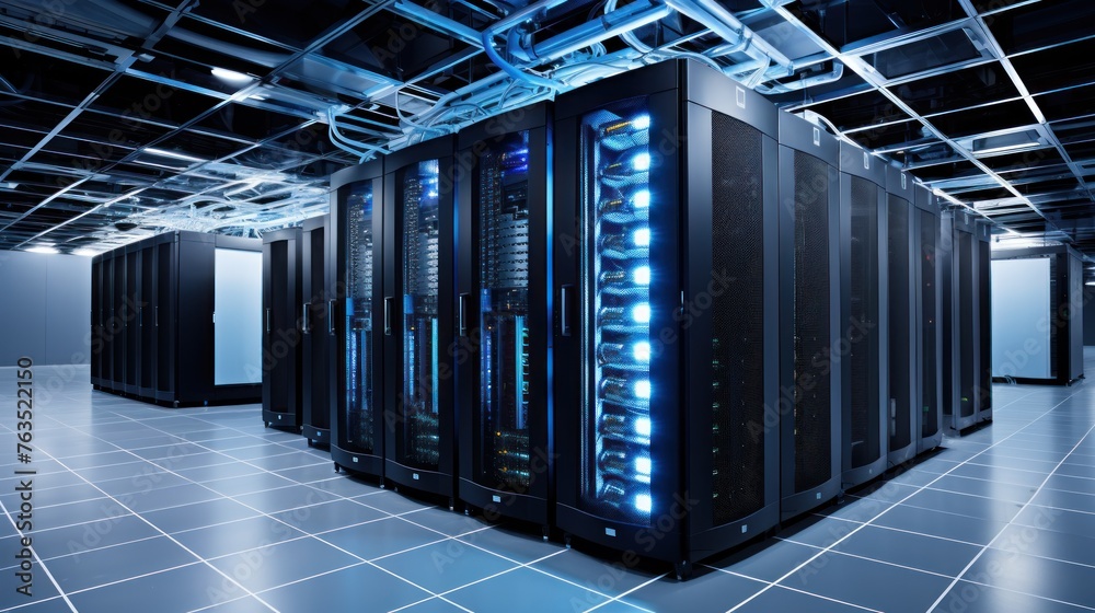 Depict a state of the art data center with rows of server racks ...