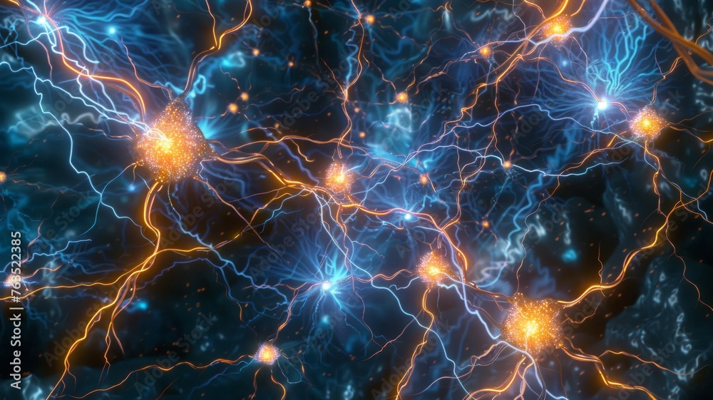 Conceptual illustration of neuron cells with glowing link knots in ...