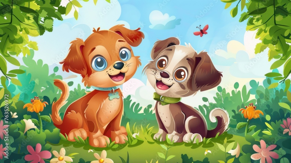 Two cartoon dogs are sitting in a grassy field with a butterfly flying ...