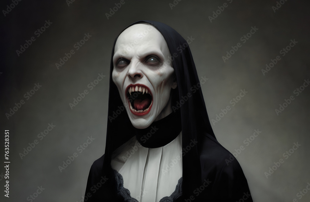 Spooky nun. Creepy bald female vampire with sharp teeth and victorian ...