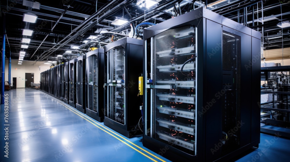 Depict a state of the art data center with rows of server racks, cooling systems, and redundant ...