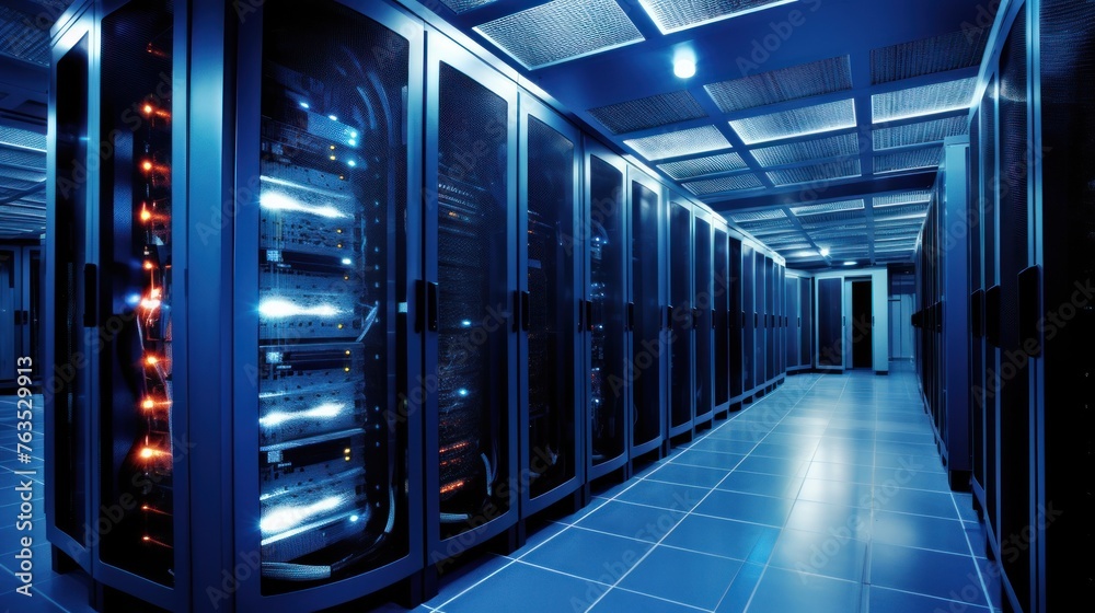 Depict a state of the art data center with rows of server racks, cooling systems, and redundant ...