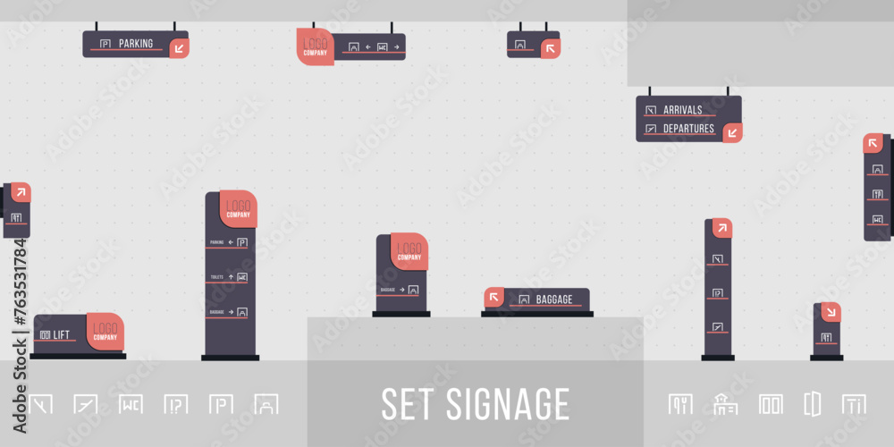 external and internal signs. Direction, pole, wall mount and road ...