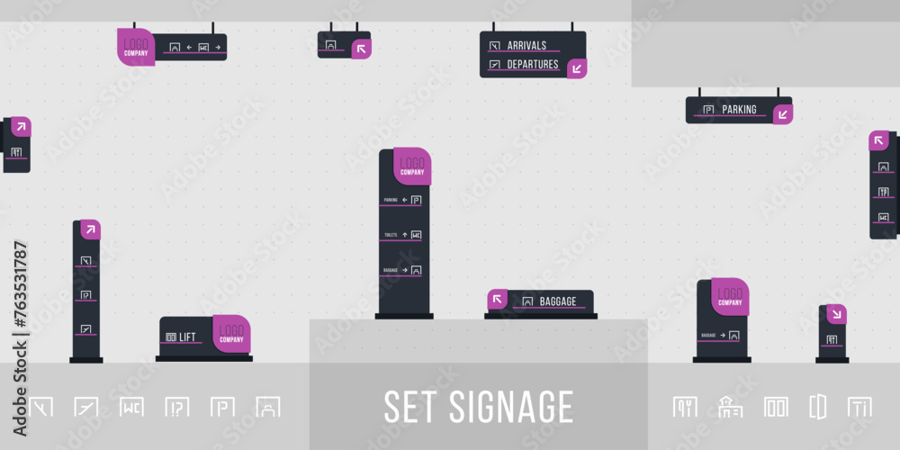 external and internal signs. Direction, pole, wall mount and road ...