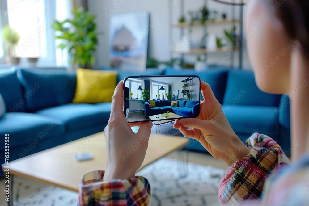 Interior of a modern room with augmented reality app on mobile phone ...