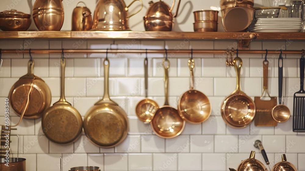 Brass kitchen utensils and chef accessories, including hanging ...
