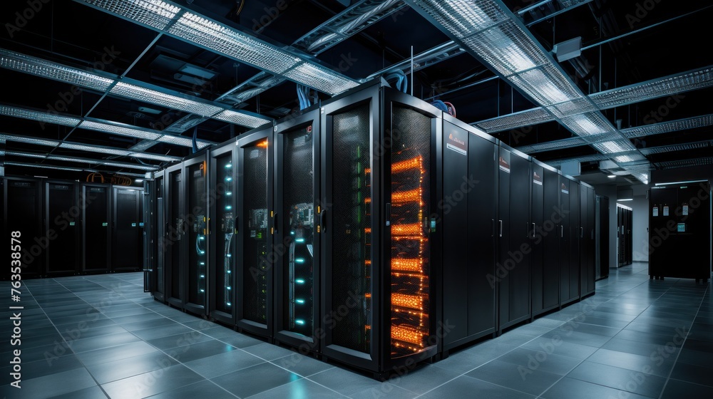 Depict a state of the art data center with rows of server racks ...