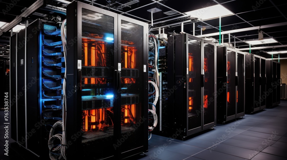 Depict a state of the art data center with rows of server racks ...