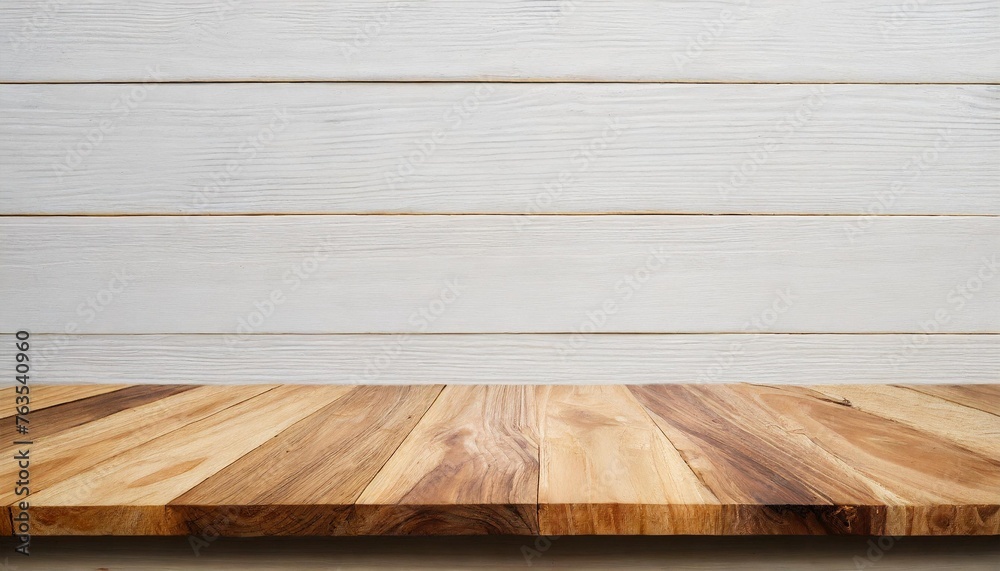 wood table and white wall background in kitchen wooden shelf counter ...