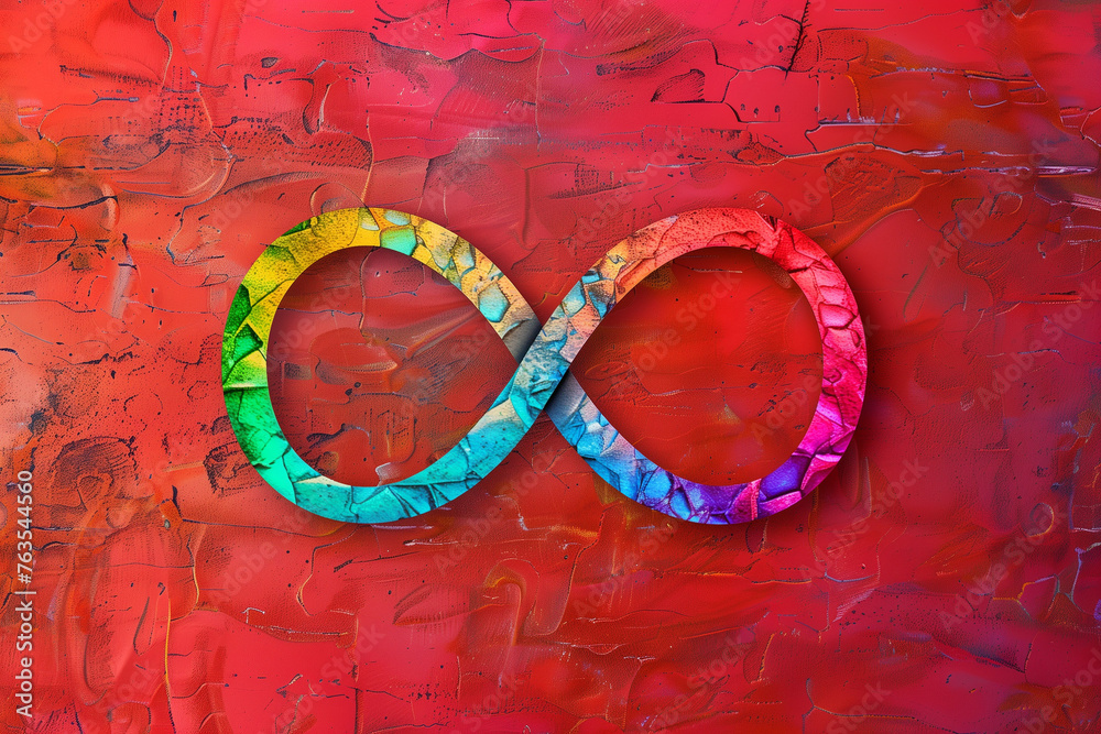 "Vivid rainbow-colored infinity loop on a textured red background. for ...
