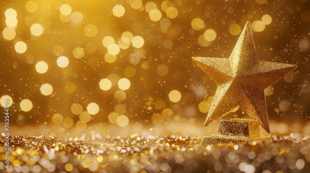 A 3d Rendered Image Of A Gold Star Trophy Set Against A Glittering Gold