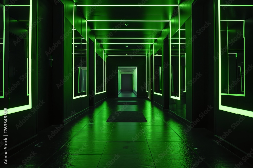 A futuristic corridor with cubes and neon led lights in green color. hacking and hack and code ...