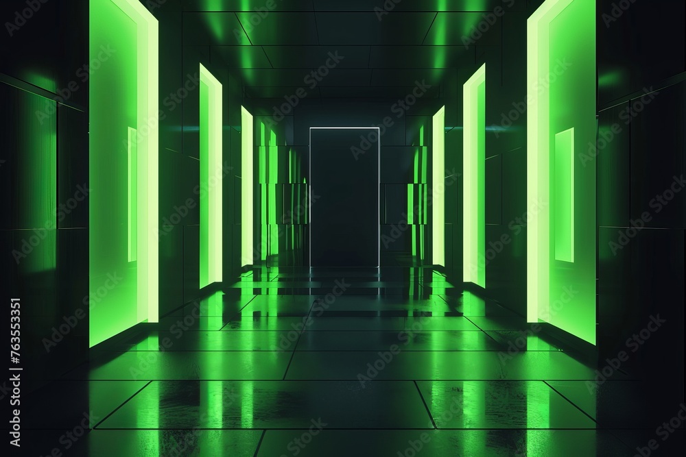A futuristic corridor with cubes and neon led lights in green color. hacking and hack and code ...