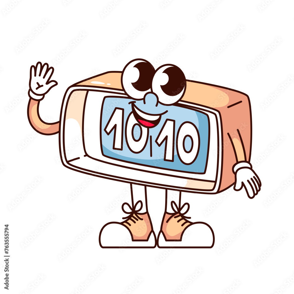 Groovy digital alarm clock cartoon character with friendly gesture ...