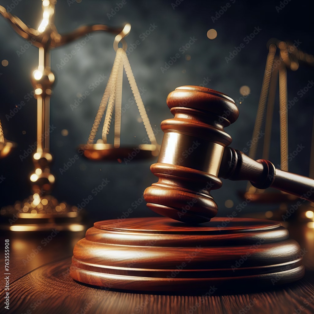 A striking image of a gavel beside the scales of justice, symbolizing ...