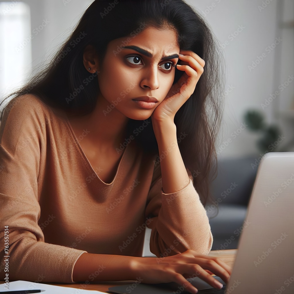 A young woman appears troubled as she looks at her laptop screen, her ...