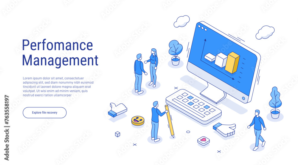 Performance management outline isometric concept. Character managing ...