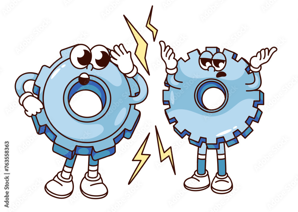 Groovy gear cartoon characters with lightning from impact energy. Funny ...