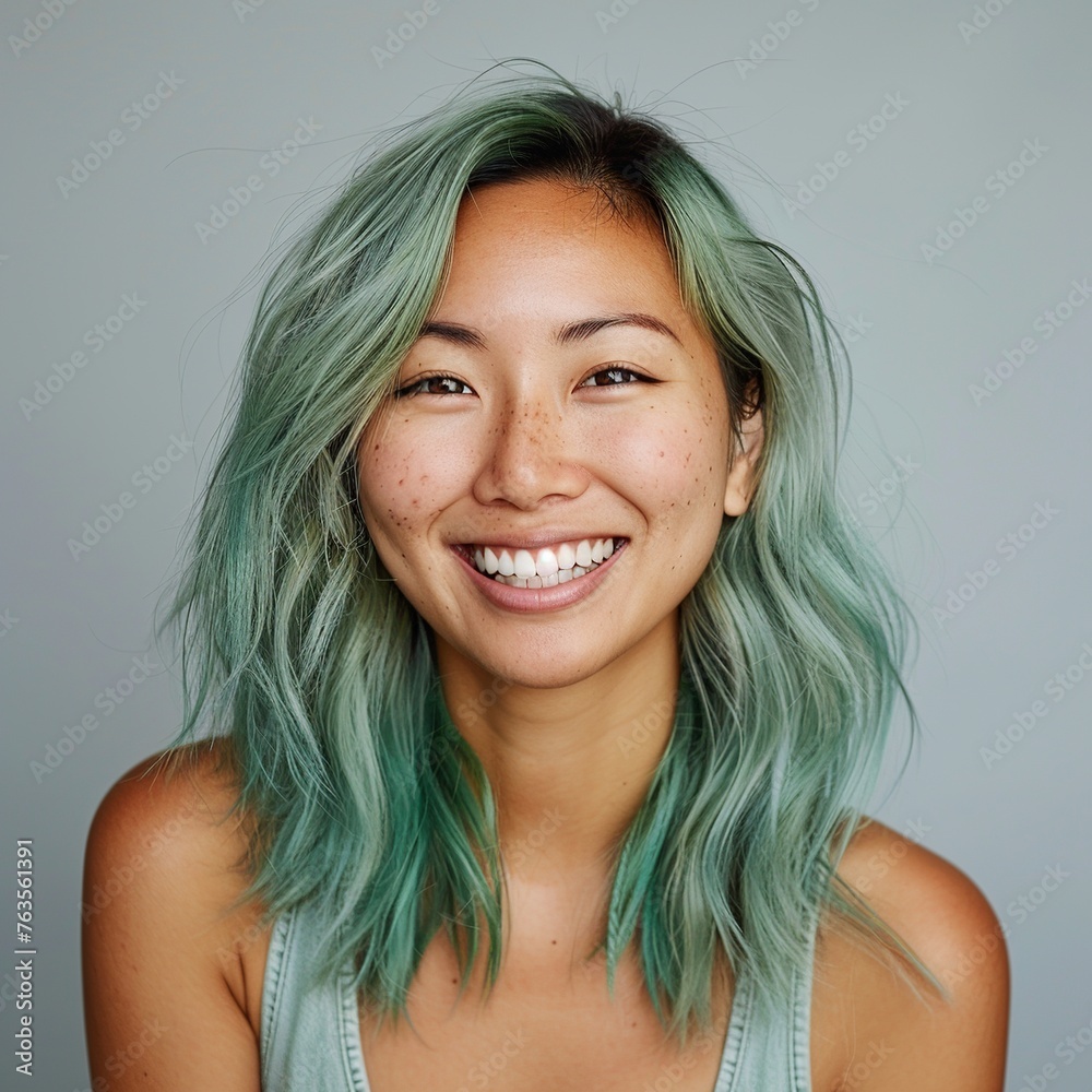 Step into the world of emerald radiance with this skincare portrait of a cheerful 20-year-old ...