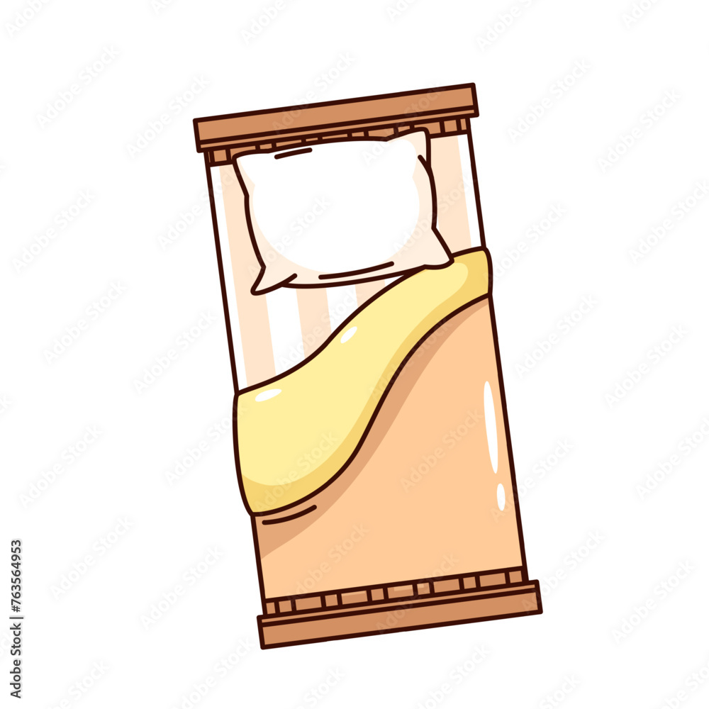 Groovy cartoon bed with cover and soft pillow, top view. Funny retro ...