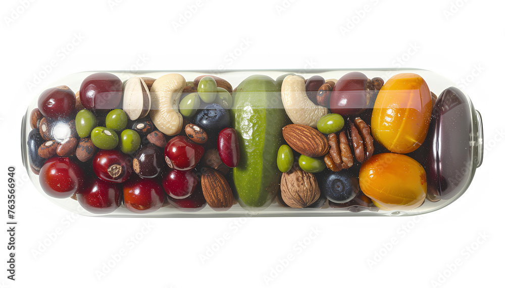 Vitamin supplement nutrition as a capsule with fruit vegetables nuts ...