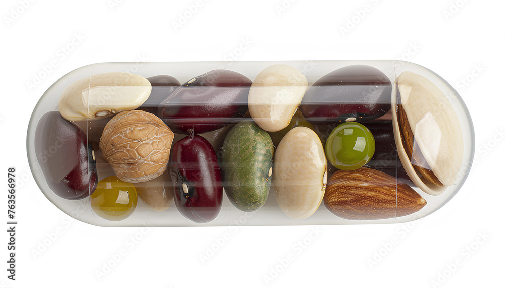 Vitamin supplement nutrition as a capsule with fruit vegetables nuts ...