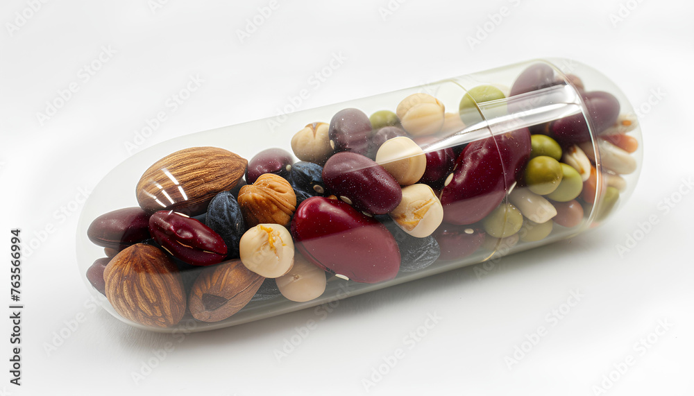 Vitamin supplement nutrition as a capsule with fruit vegetables nuts ...