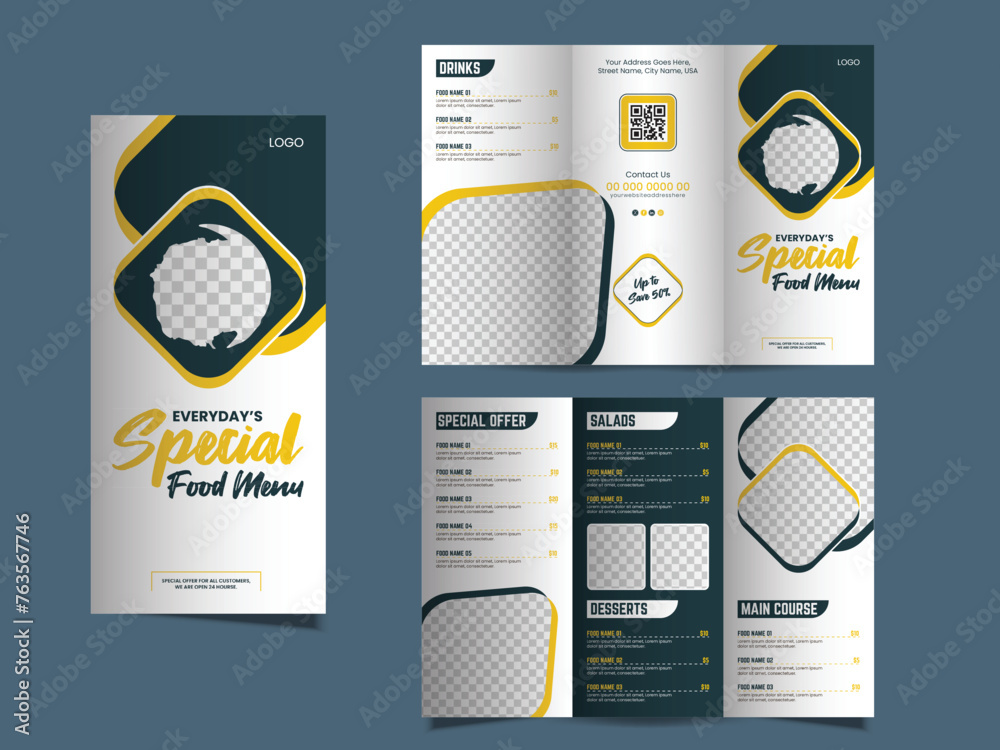 Trifold food menu template brochure. Vector trifold restaurant food ...