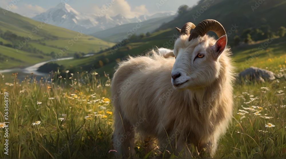 "Imagine yourself in the tranquil countryside, where a majestic goat ...