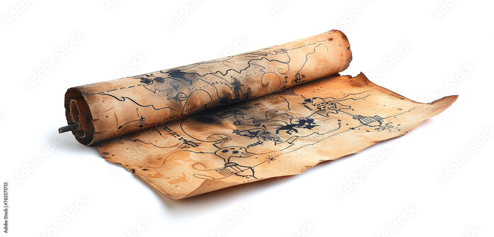 An ancient scroll unrolled, with mythical symbols drawn in charcoal and ...