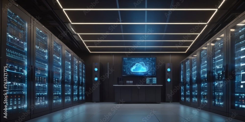 Inside a high-tech data center, server racks line the room with a ...