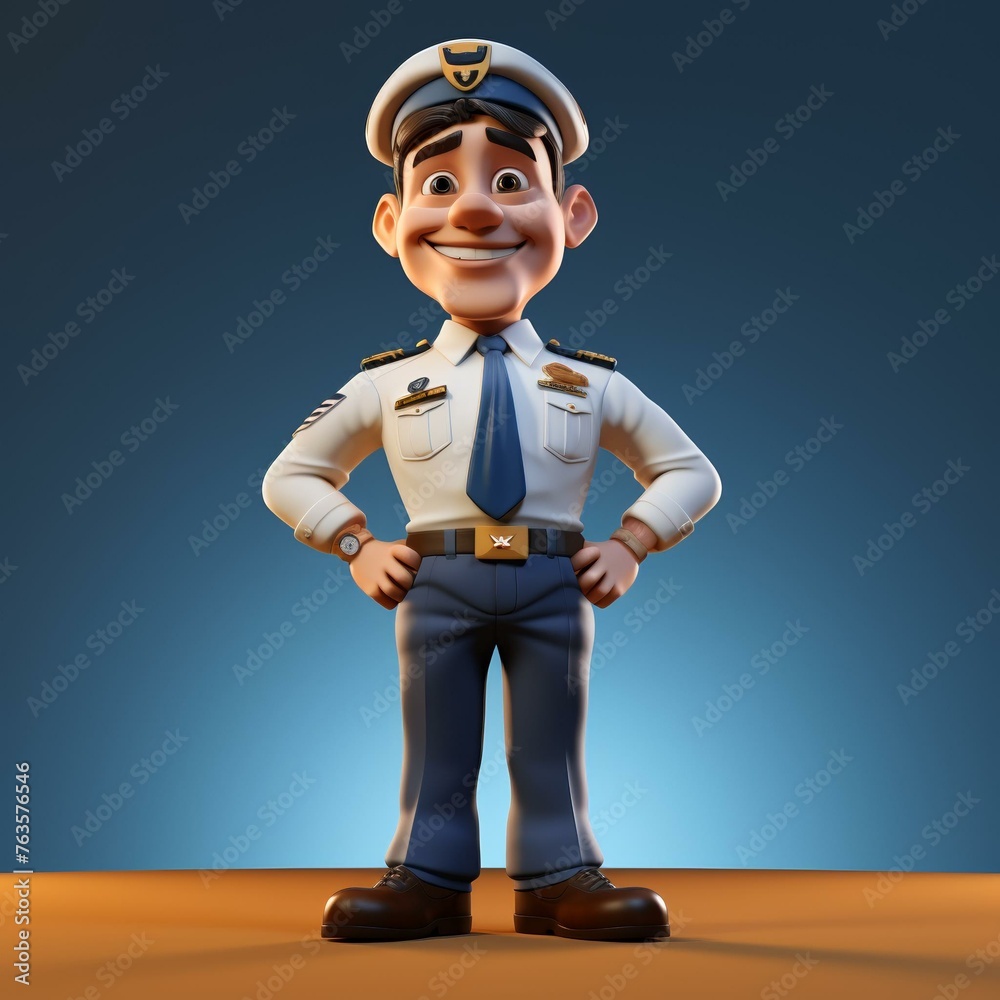 Confident Cartoon Pilot Character in Uniform Standing with Hands on ...