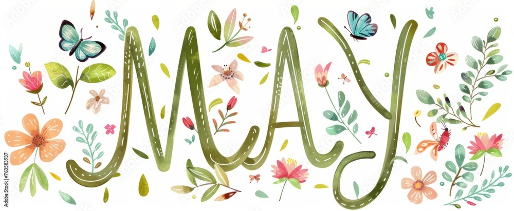 MAY cute text with flowers, leaves and butterflies clip art ...