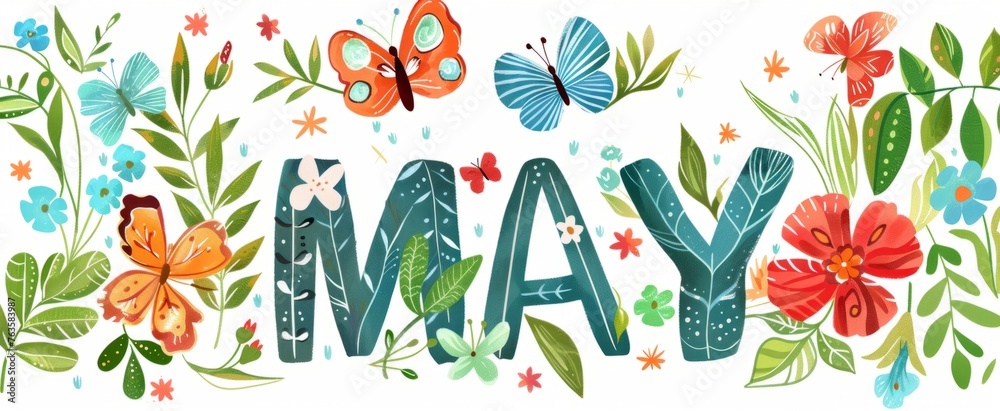MAY cute text with flowers, leaves and butterflies clip art on a white ...